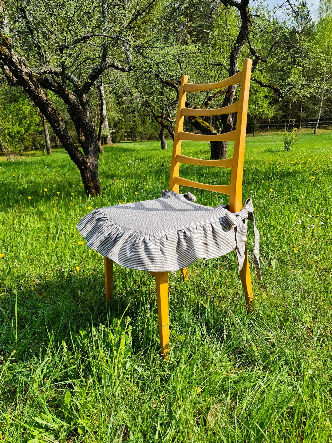 Striped Linen Chair Cover, Ruffled Chair Cover, Stonewashed Linen Chair ...