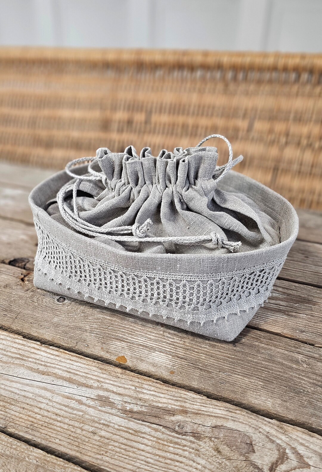 Linen Bread Basket With Lace Detail, Raw Linen Bread Box With a ...