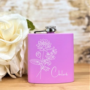 Custom Birth Flower Flask With Name, Personalized Bridesmaid Flask With ...