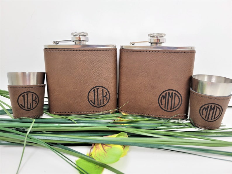 Circle Monogram Flask and Shot Glass Set, Groomsman and Bridesmaid ...
