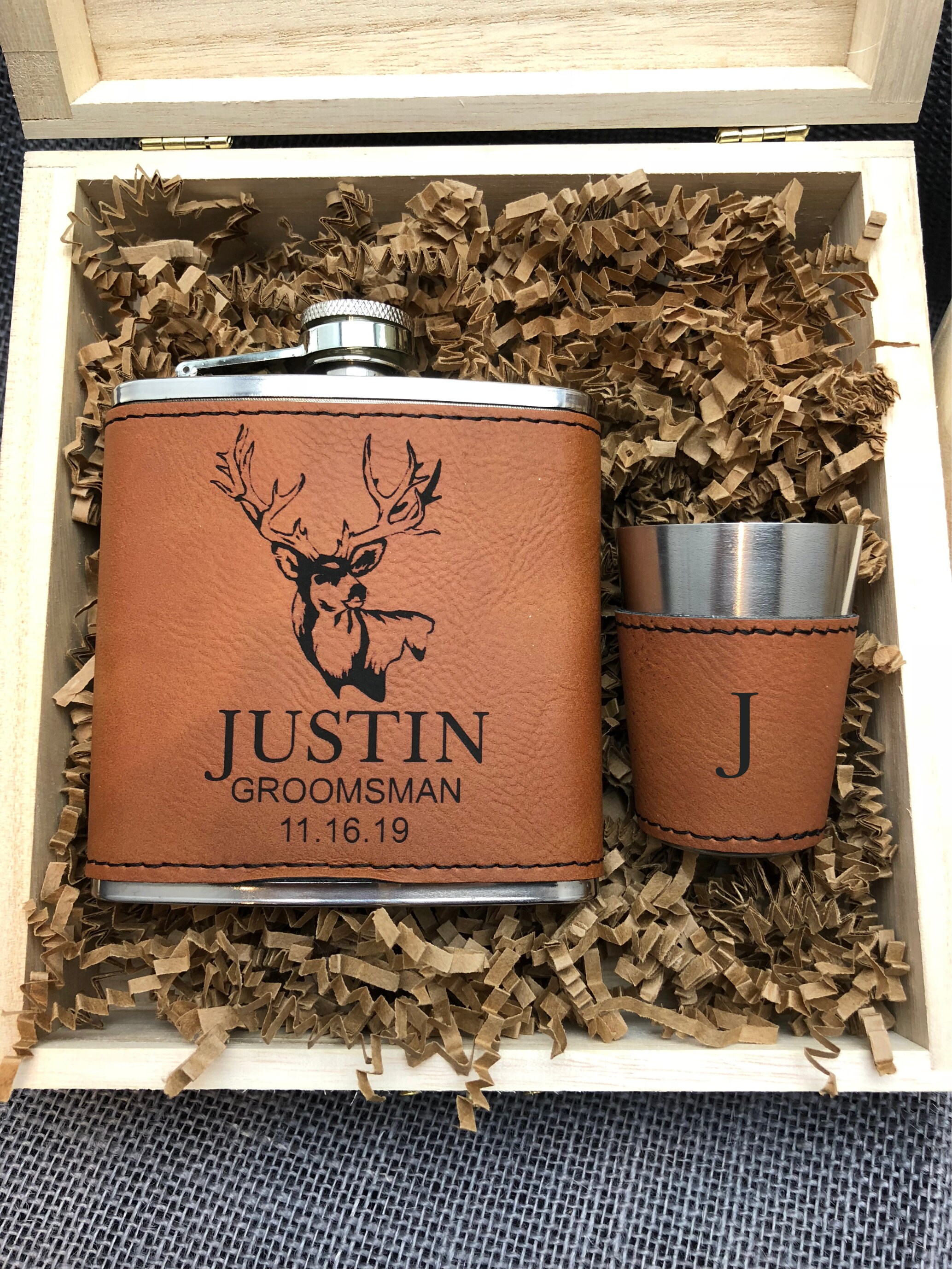 Groomsmen Gift Box, Custom Engraved Wood Box, Flask and Shot Glass Kit ...