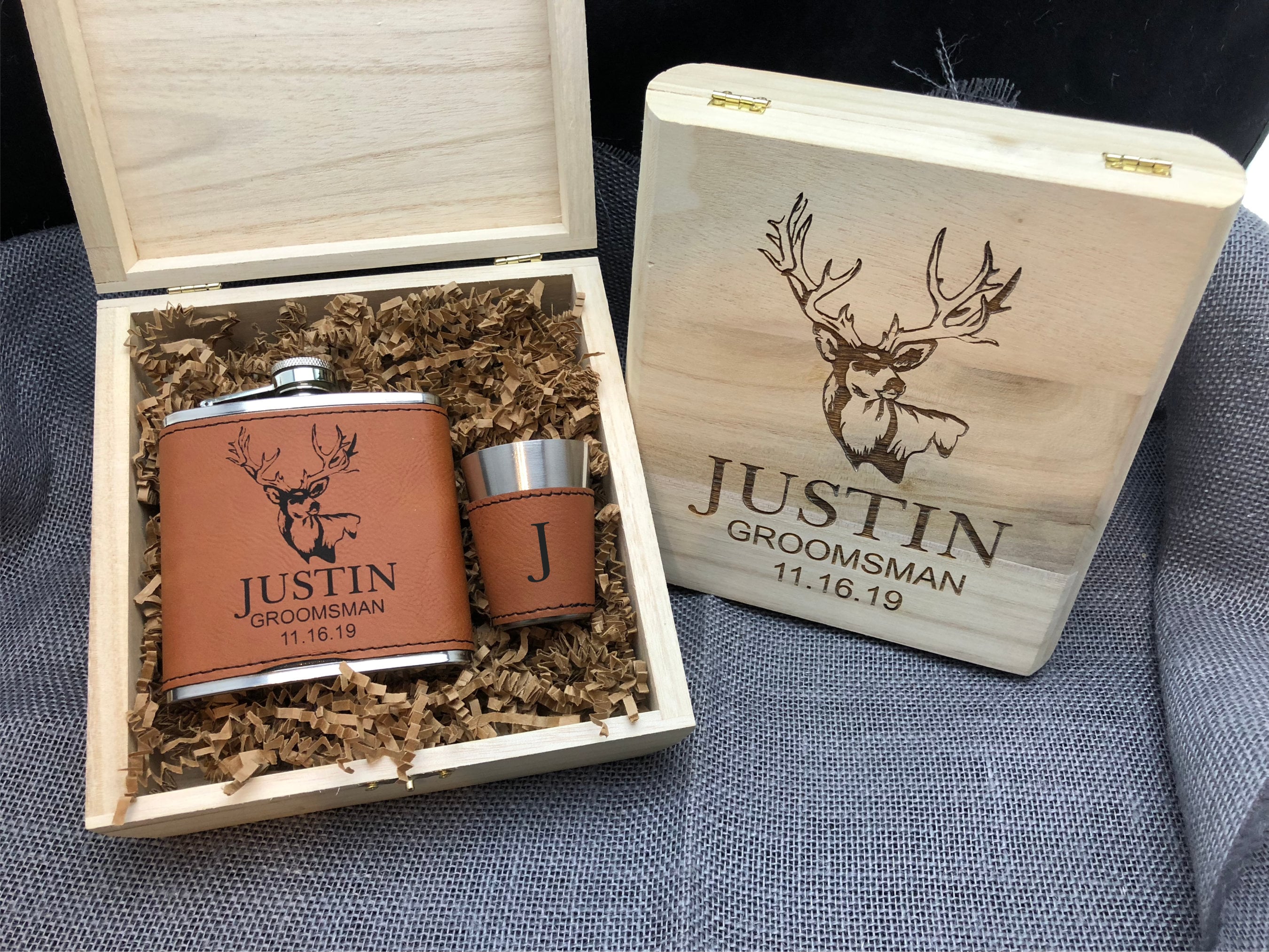 Groomsmen Gift Box, Custom Engraved Wood Box, Flask and Shot Glass Kit ...