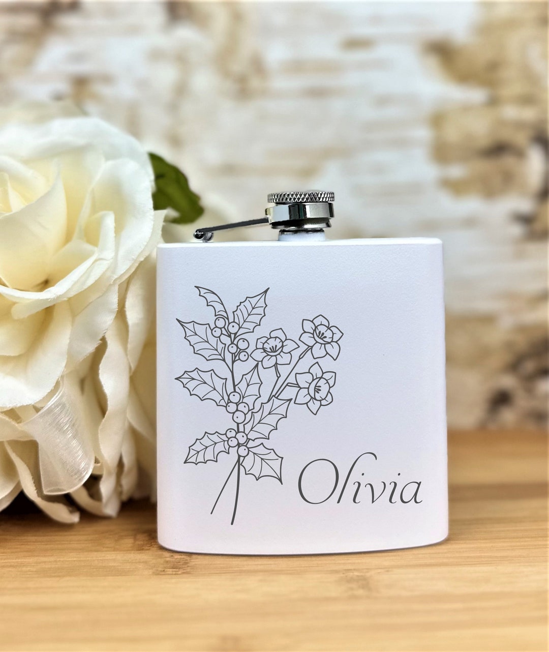 Custom Birth Flower Flask With Name, Personalized Bridesmaid Flask With ...
