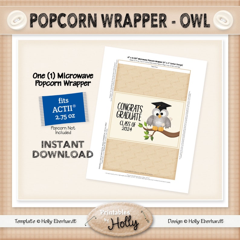 Microwave Popcorn Wrapper - OWL - Graduation - Instant Download ...