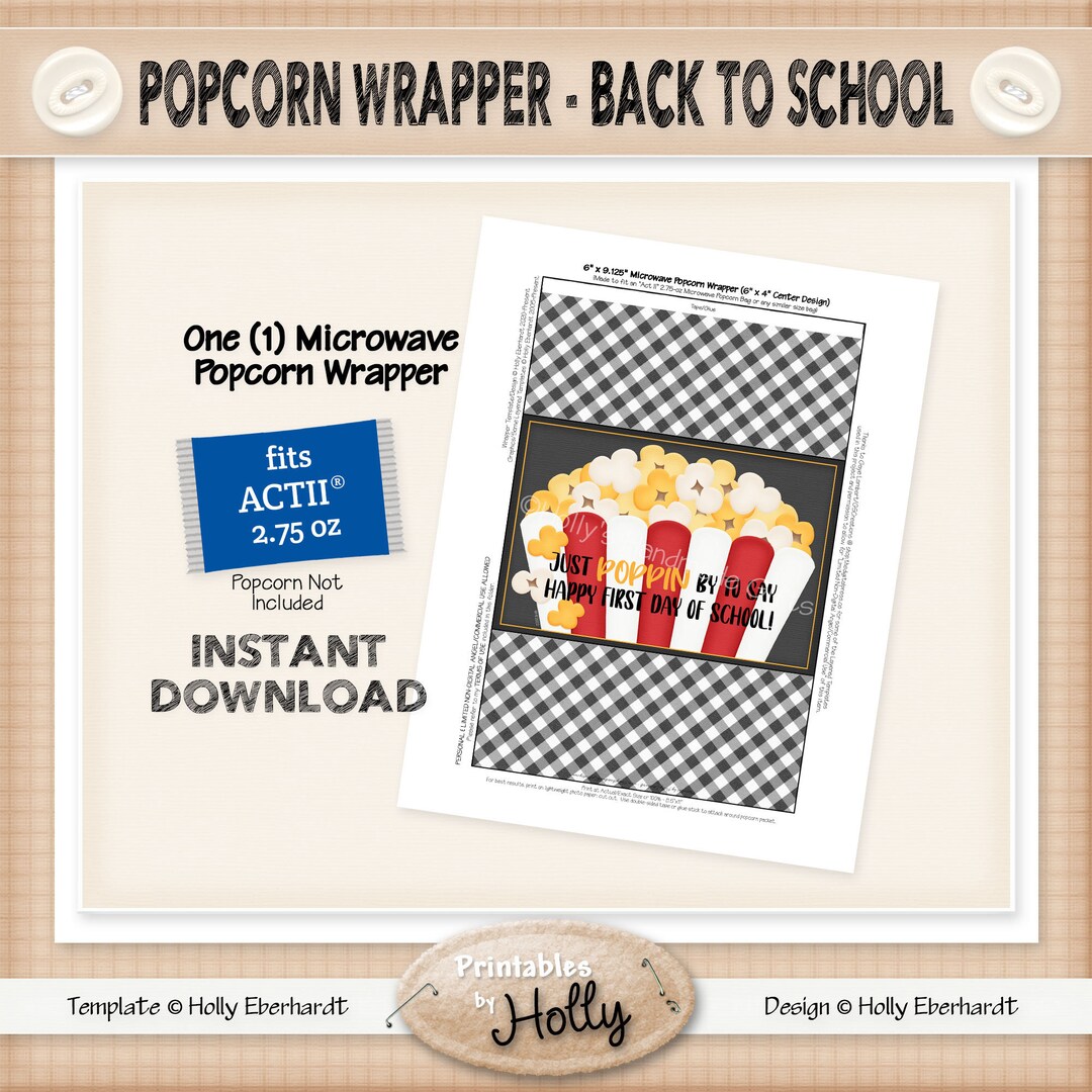 Microwave Popcorn Wrapper - BACK to School - Instant Download Printable ...