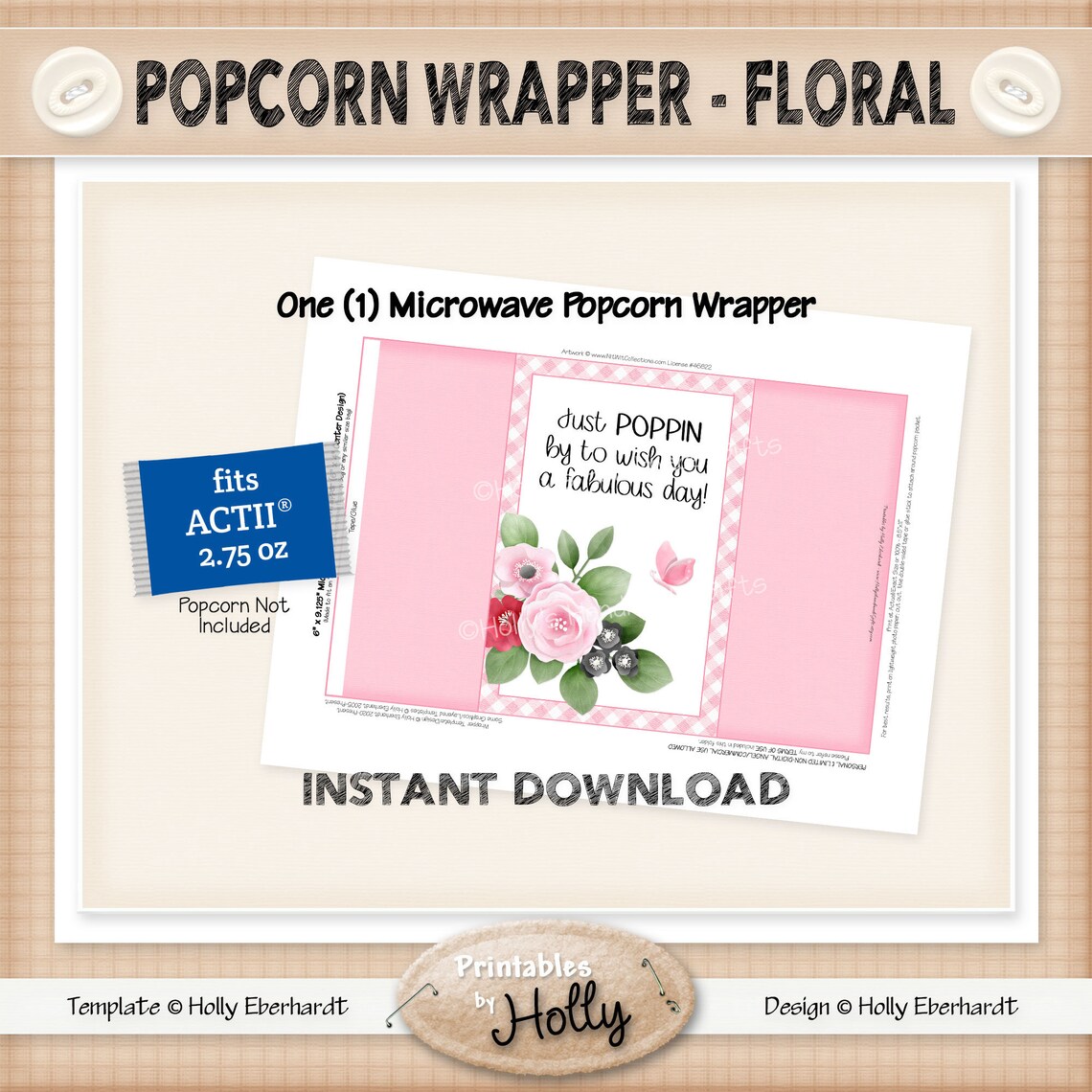 Microwave Popcorn Wrapper - FLORAL - Instant Download Printable ...