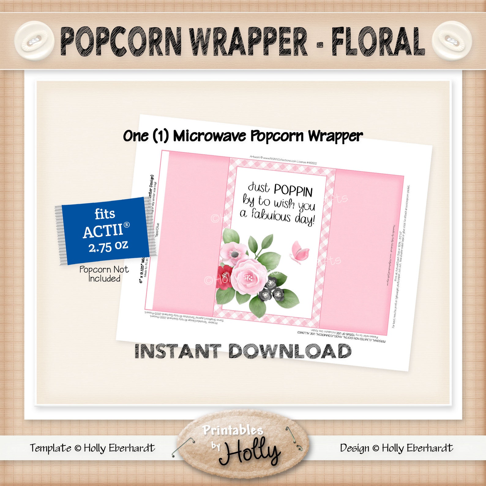 Microwave Popcorn Wrapper - FLORAL - Instant Download Printable ...