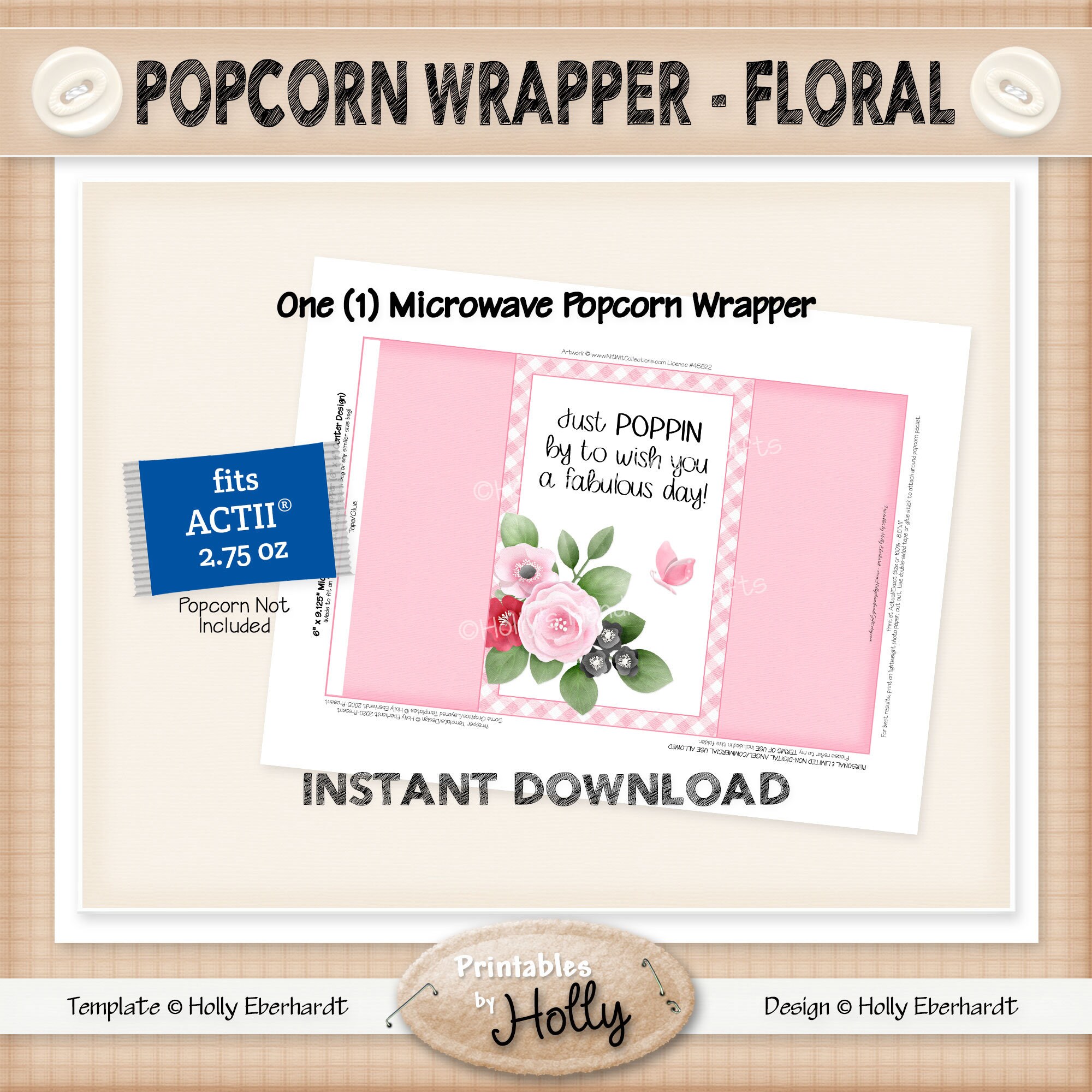 Microwave Popcorn Wrapper - FLORAL - Instant Download Printable ...