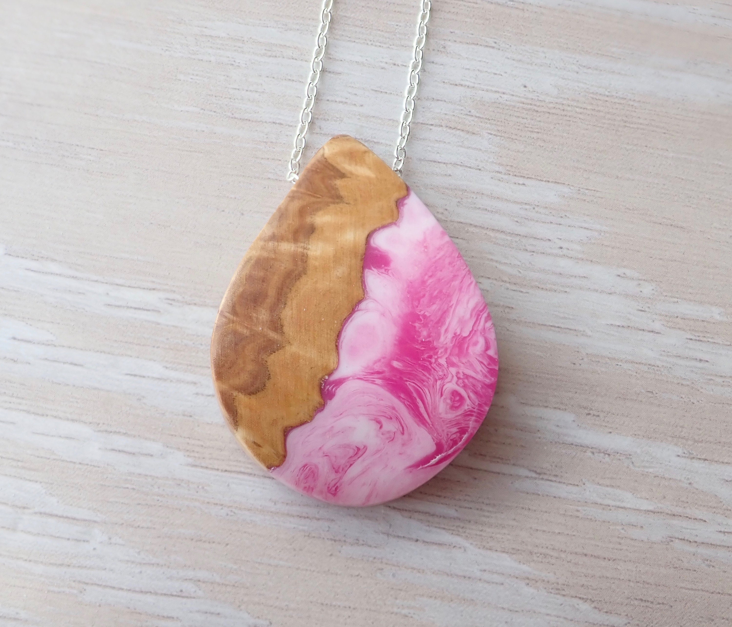 Burl Wood and Pink Resin with White Swirls