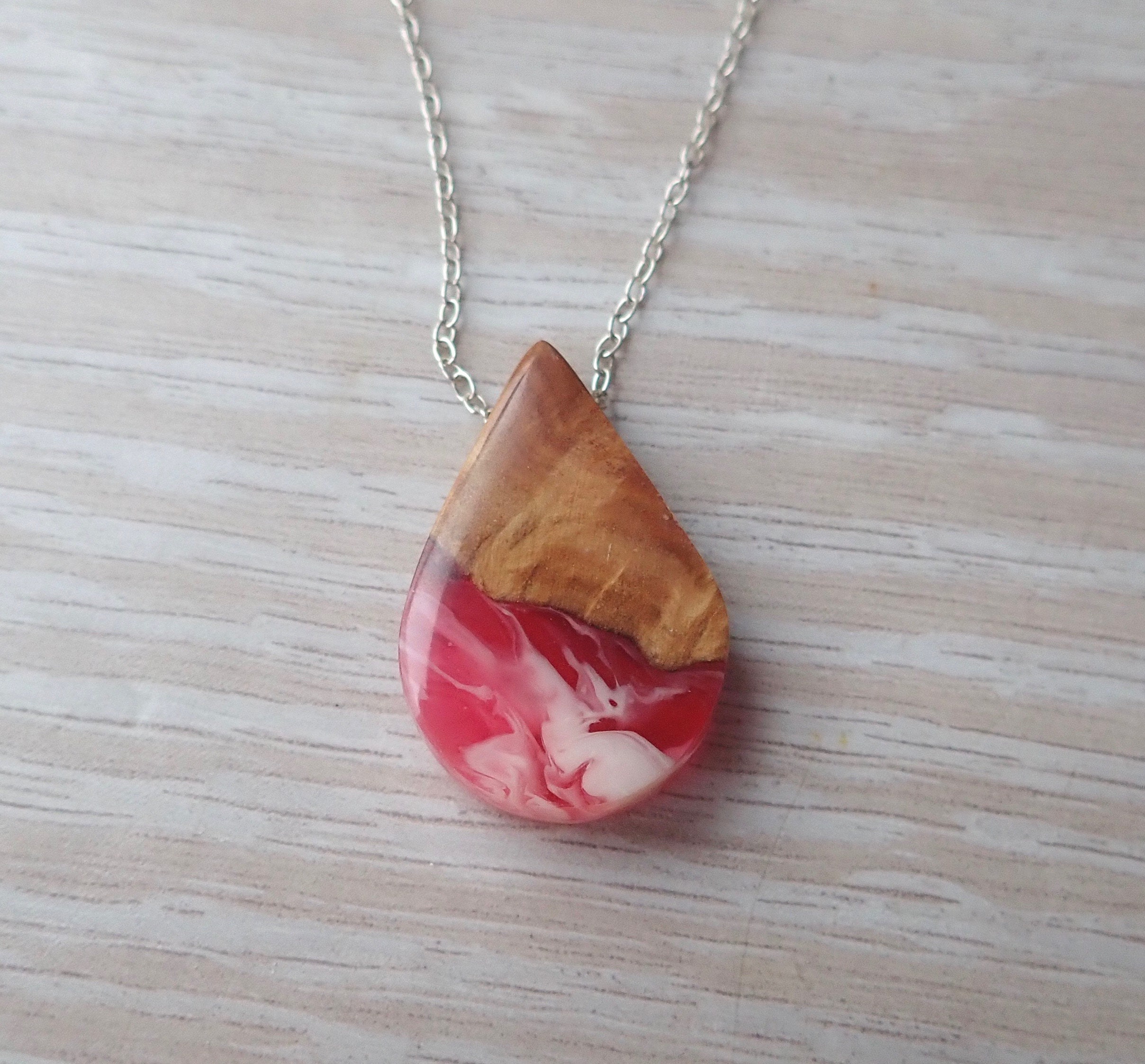 Burl Wood and Red Resin with White Swirls