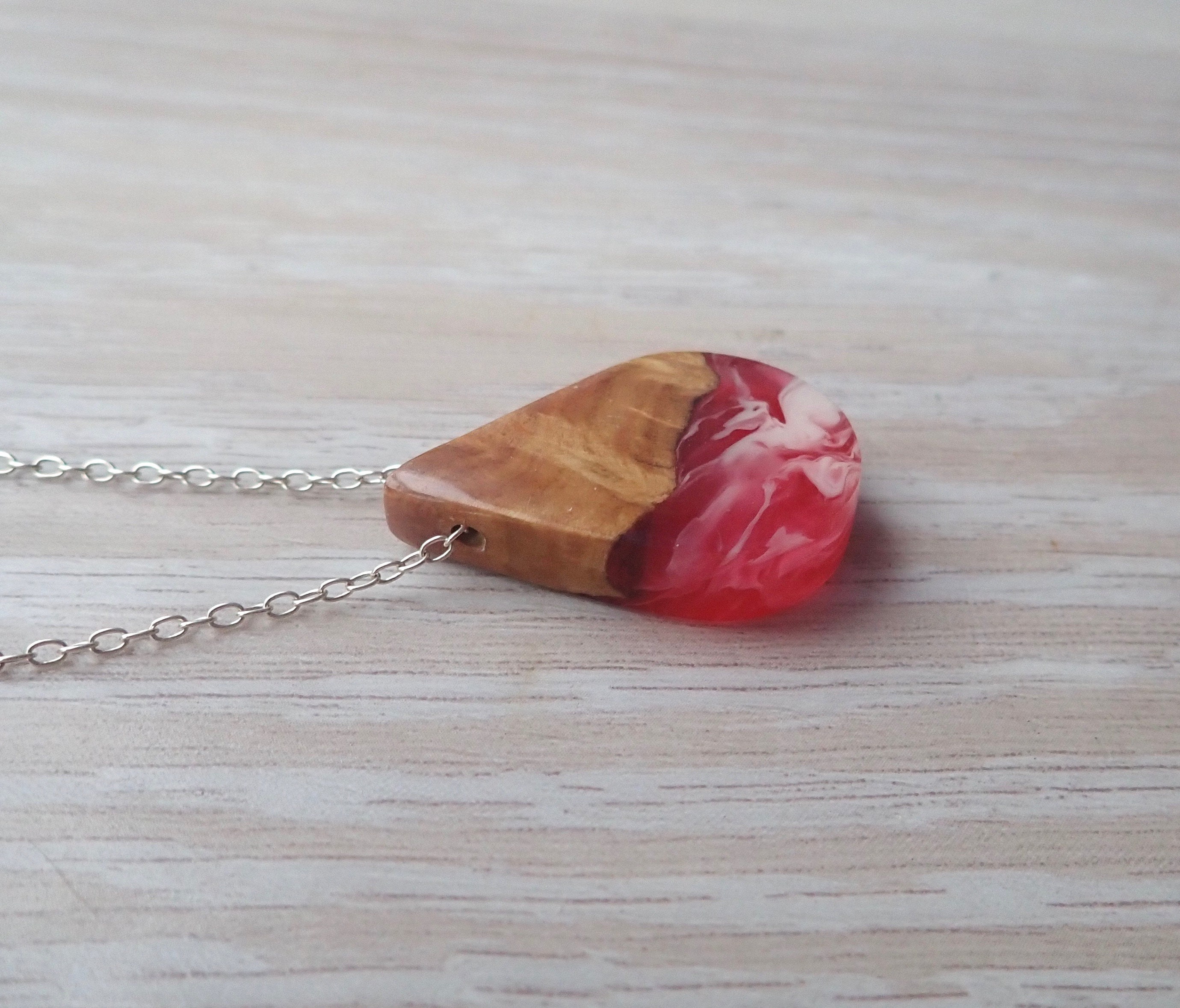 Burl Wood and Red Resin with White Swirls