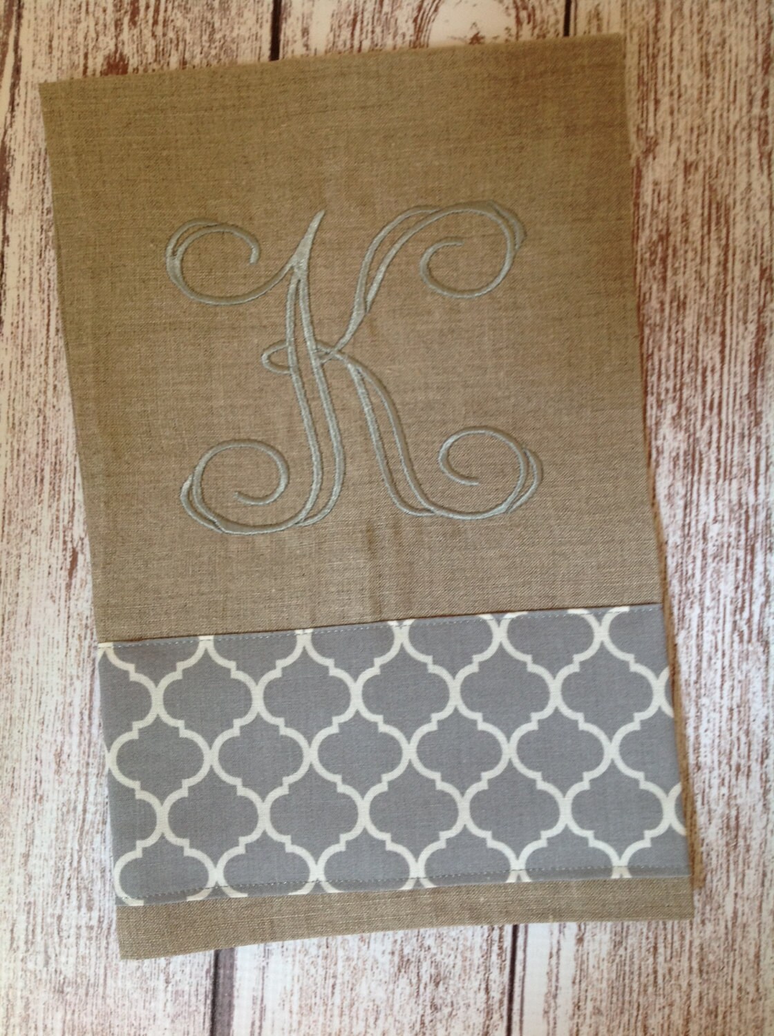 Monogrammed Kitchen Towel/hand Towel With Grey Quatrefoil Fabric Border ...