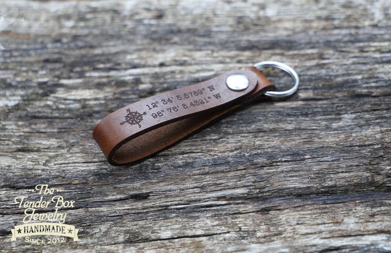Leather Keychain GPS Coordinate Longitude Latitude Leather Key Fob ...