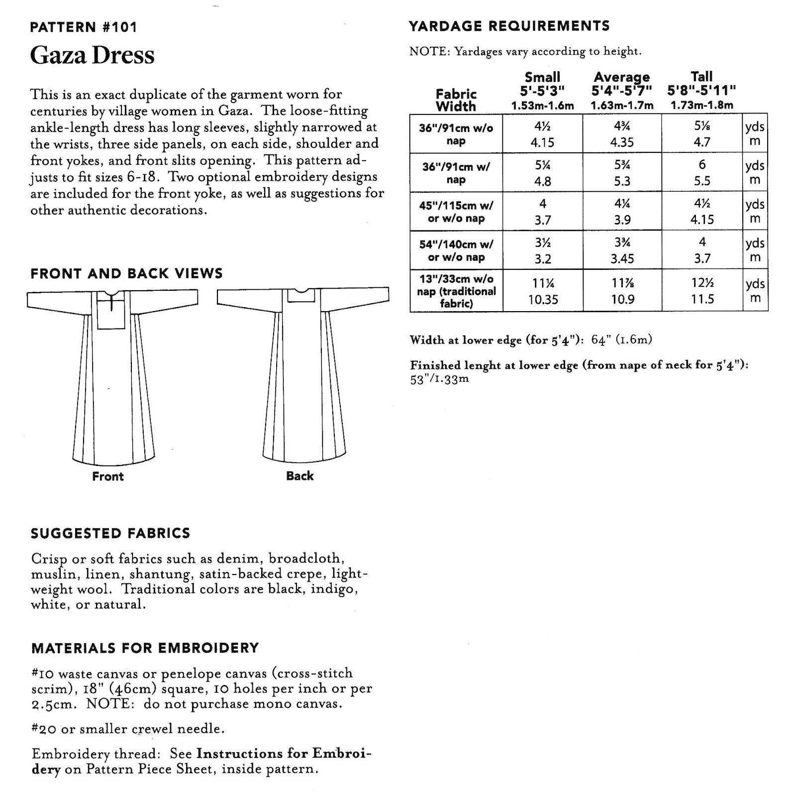 Folkwear Gaza Dress Sewing Pattern Misses Sizes S-18 - Etsy