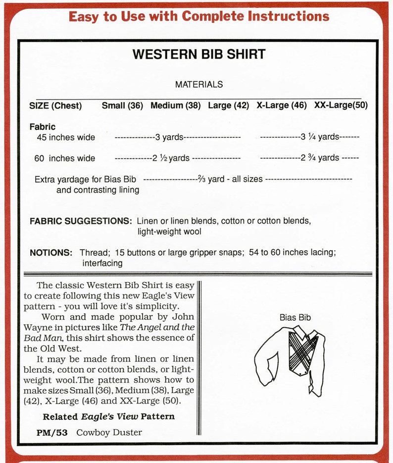 Men's Western Bib Shirt Sizes S-XXL Eagle's View Sewing Pattern #54 ...