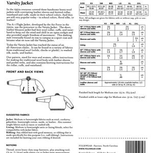 Folkwear Varsity Jacket Sewing Pattern #251 Classic Style Unisex Sizes ...