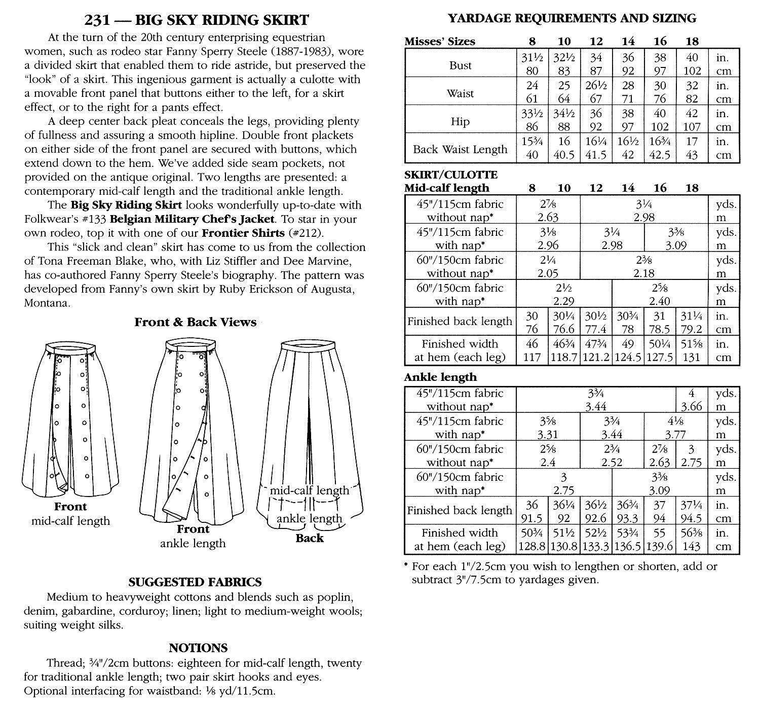 Folkwear Big Sky Riding Skirt - Cowgirl, Western Split Skirt Sewing ...