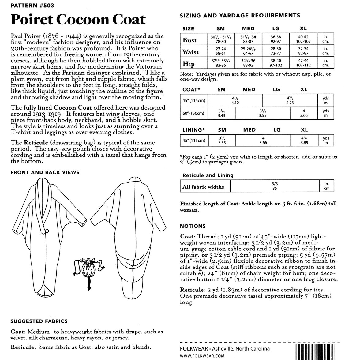 Folkwear Poiret Cocoon Coat & Reticule Drawstring Handbag SM-XL Sewing ...