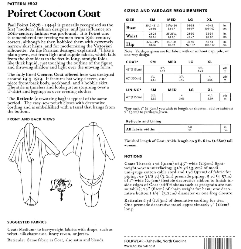 Folkwear Poiret Cocoon Coat & Reticule Drawstring Handbag SM-XL Sewing Pattern #503 1913-1919 ...