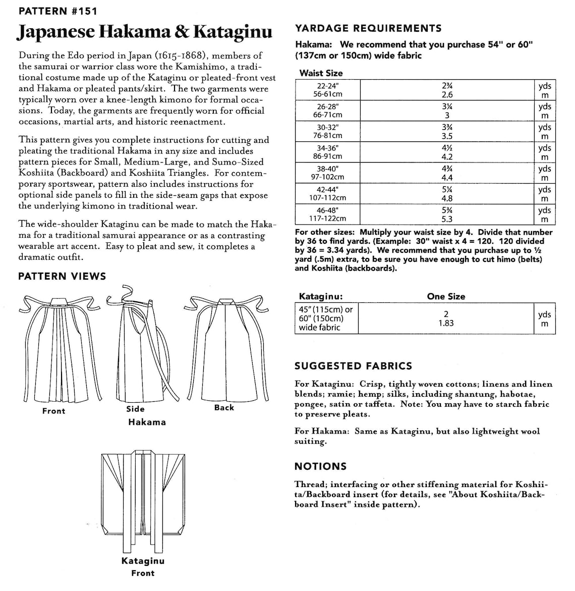 Folkwear Japanese Hakama & Kataginu Samurai Costume Sewing - Etsy