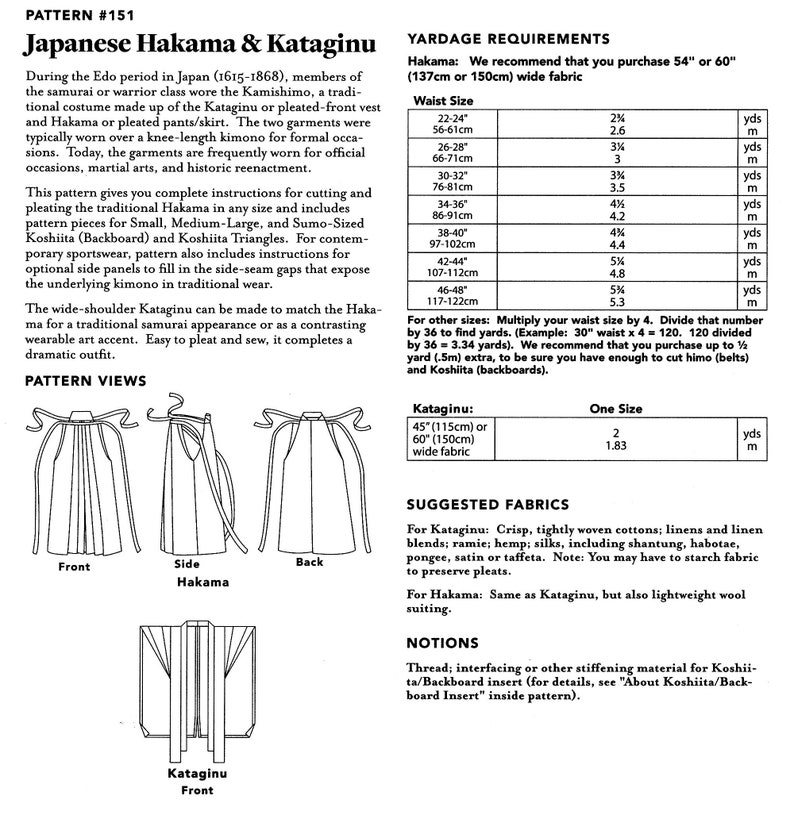 Folkwear Japanese Hakama & Kataginu Samurai Costume Sewing Pattern ...