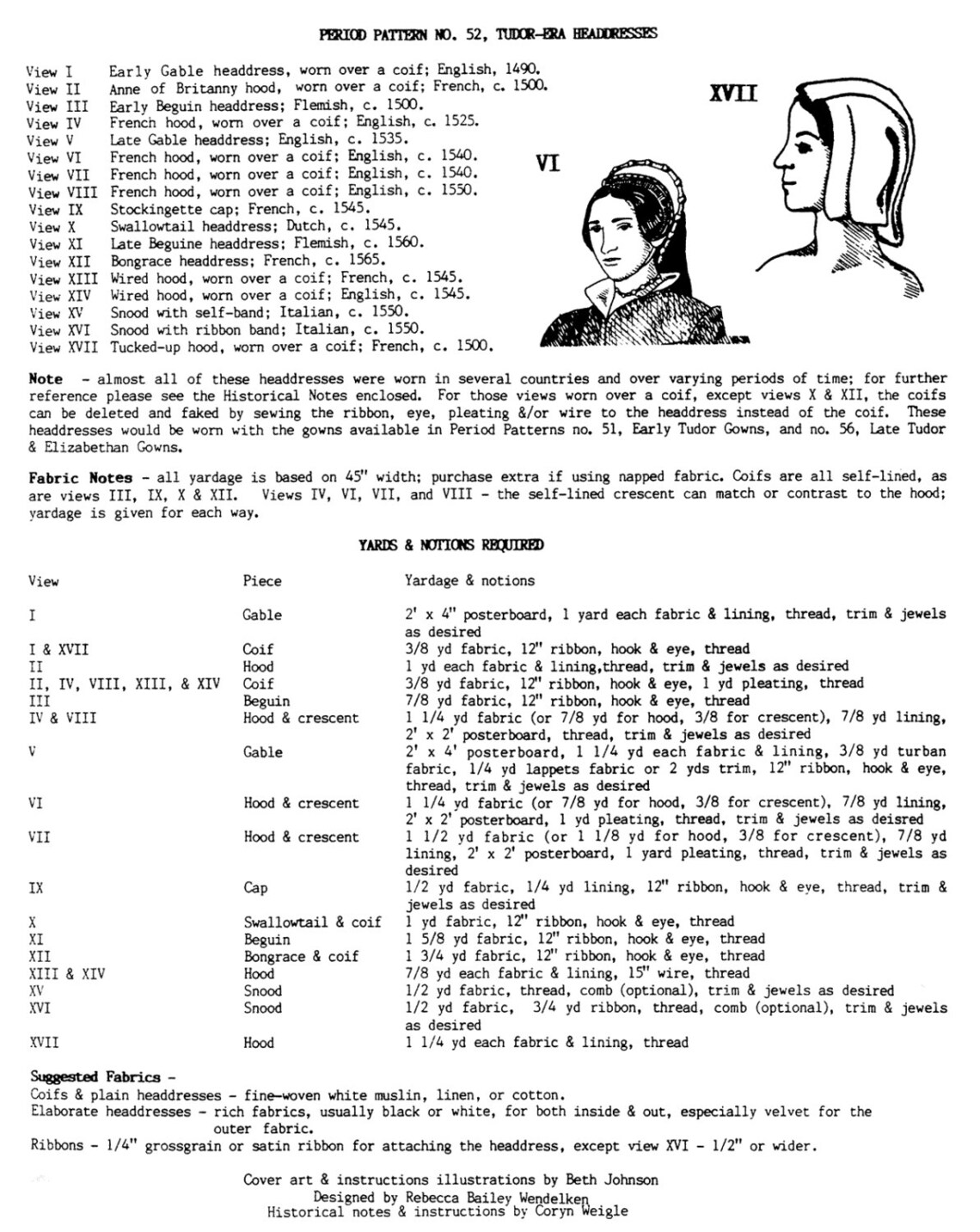 Period Patterns Tudor Era Headdresses & Hoods Circa 1490-1580 Sewing ...