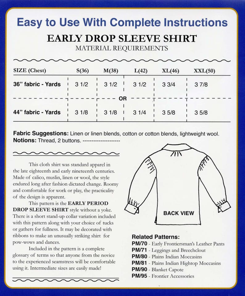 Men's Late 1700s-early 1800s Ere Early Drop Sleeve Shirt Sizes S-XXL ...