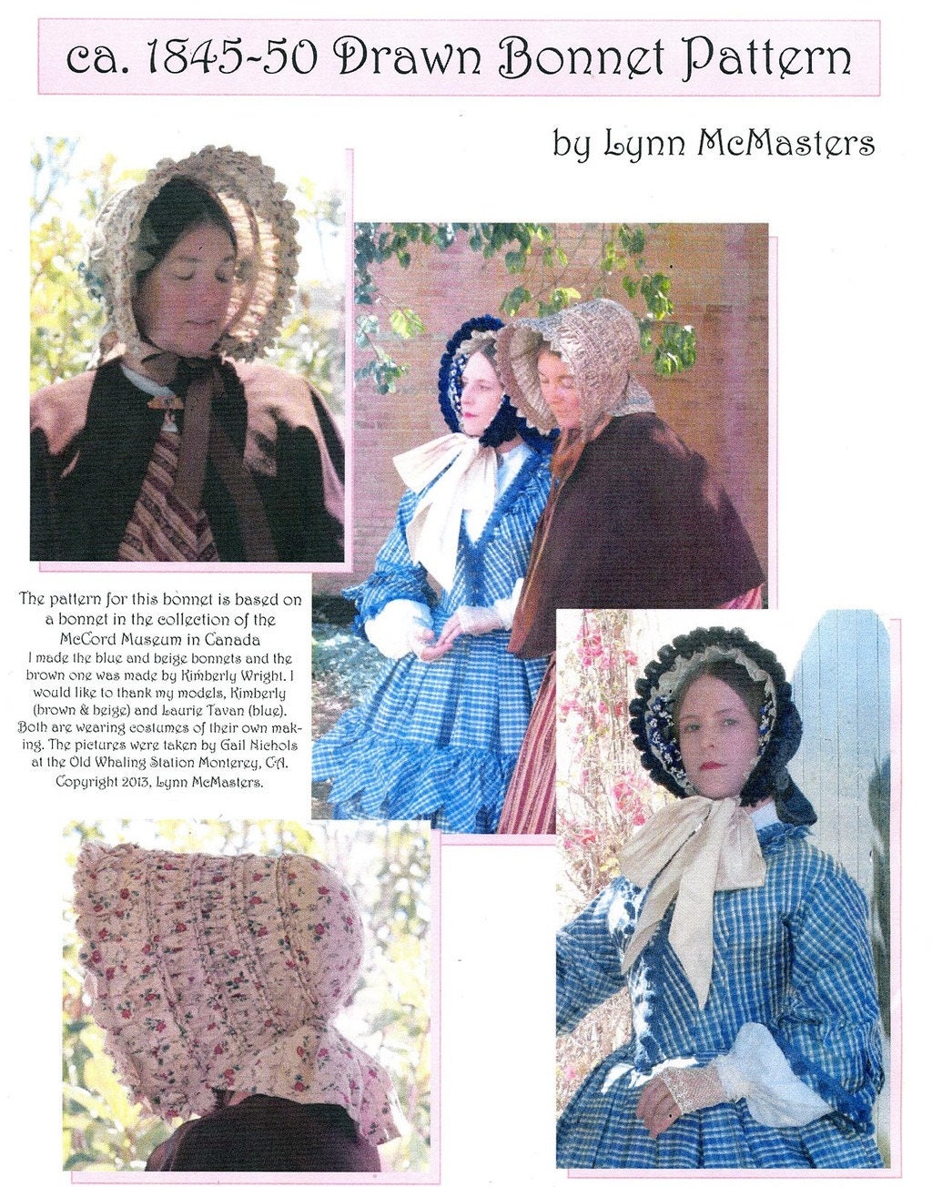 Ladies' Victorian 1845-50 Drawn Bonnet - Lynn McMasters Sewing Pattern # 57