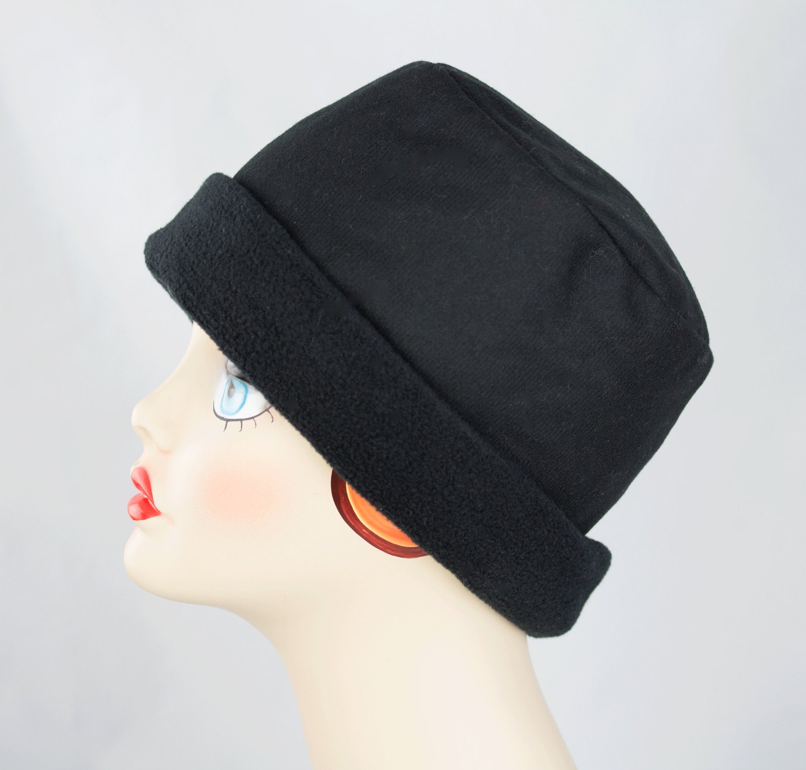 Black Wool Winter Hat With Rolled Cuff Fleece Brim Pillbox - Etsy