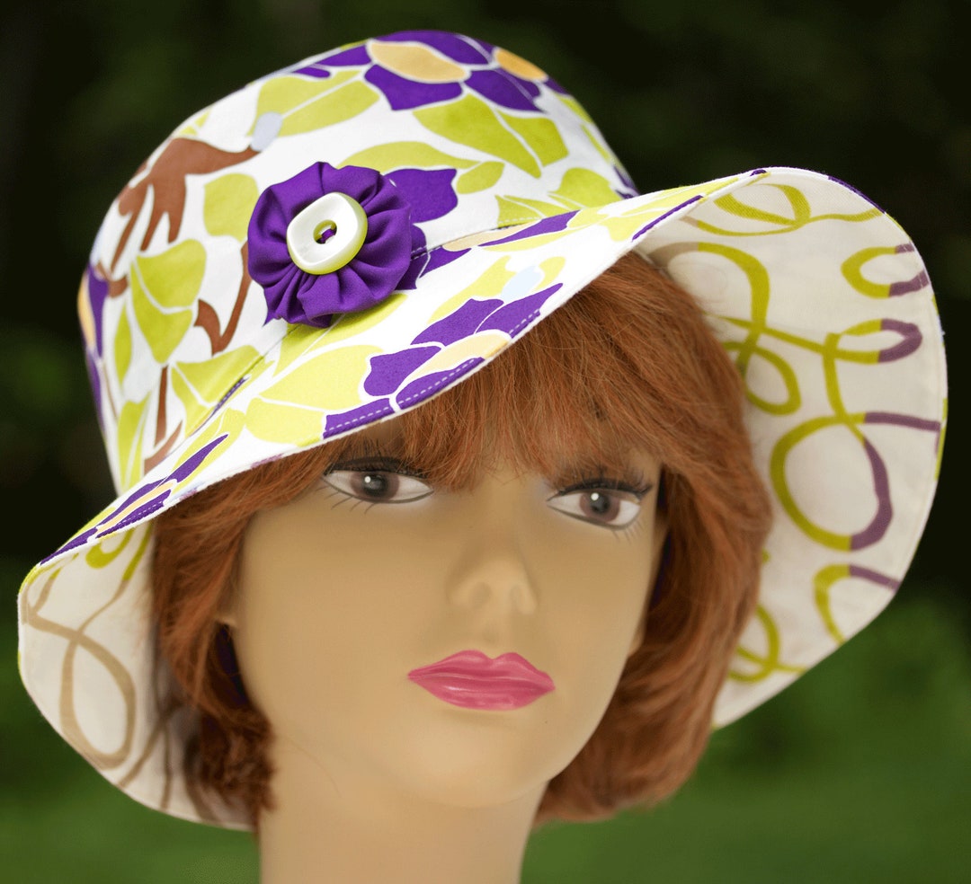 Reversible Cotton Sun Hat: Purple Floral Print, XXL - Etsy