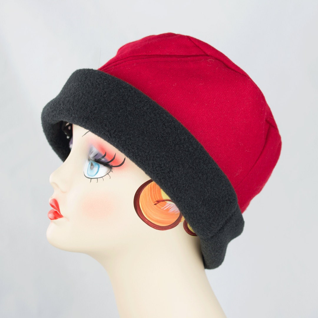 Womens Red Wool Pillbox Hat Trimmed in Black Fleece Cloche Hat With ...