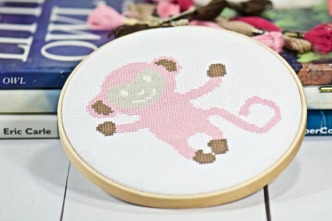 Pink Monkey Cross Stitch Pattern, PDF Download, DIY Baby Gift, Nursery ...