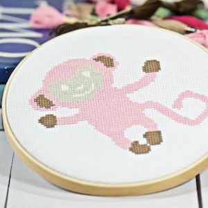 Pink Monkey Cross Stitch Pattern, PDF Download, DIY Baby Gift, Nursery ...