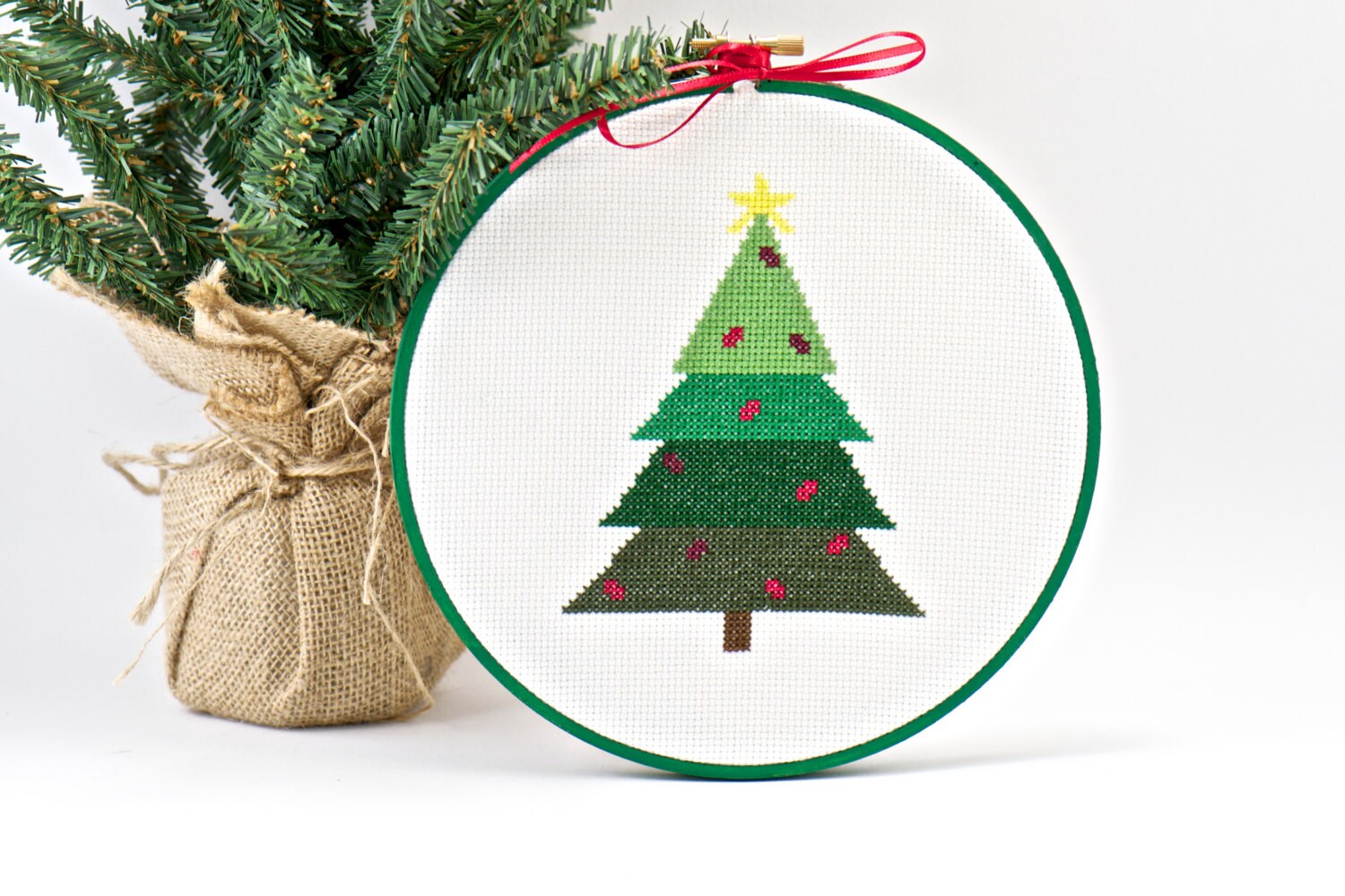 DIY Green Cute Christmas Tree with Ornaments Cross Stitch | Etsy