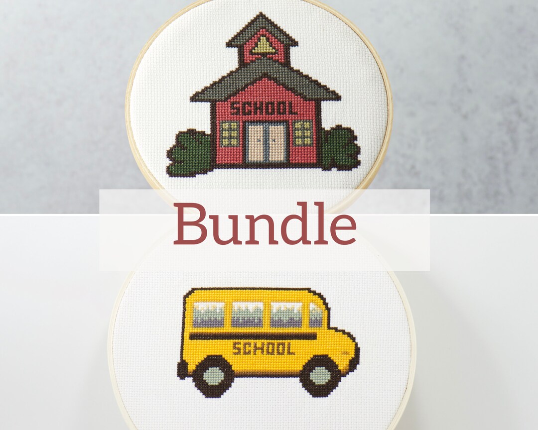 Old Style Little Schoolhouse and School Bus Cross Stitch Bundle ...