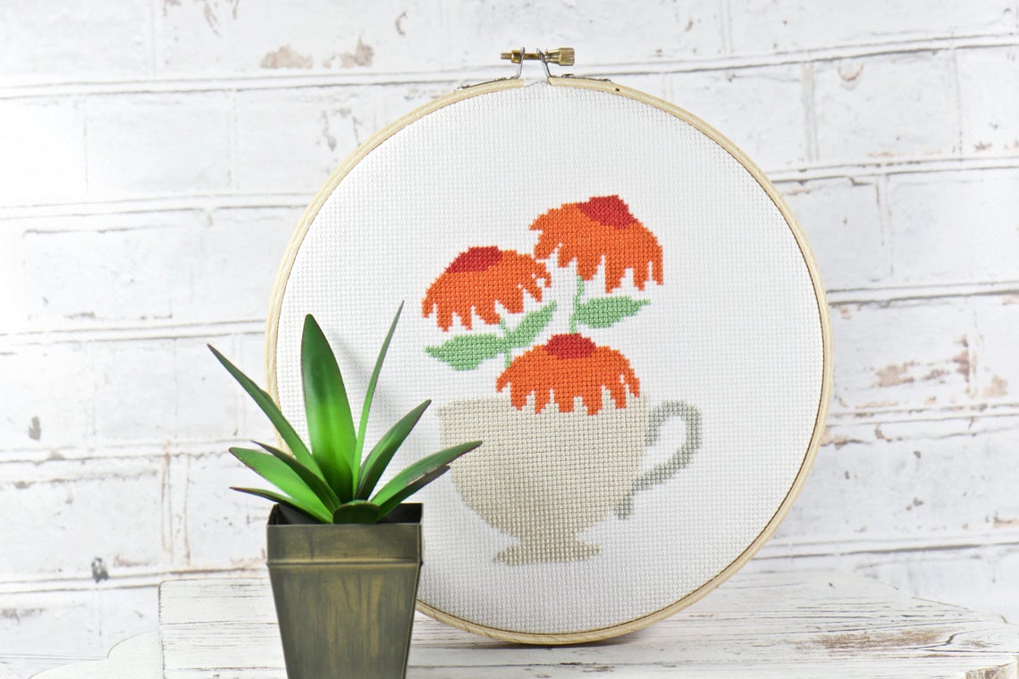 Poppy Flowers in a Pot Cross Stitch Pattern Teacup and - Etsy