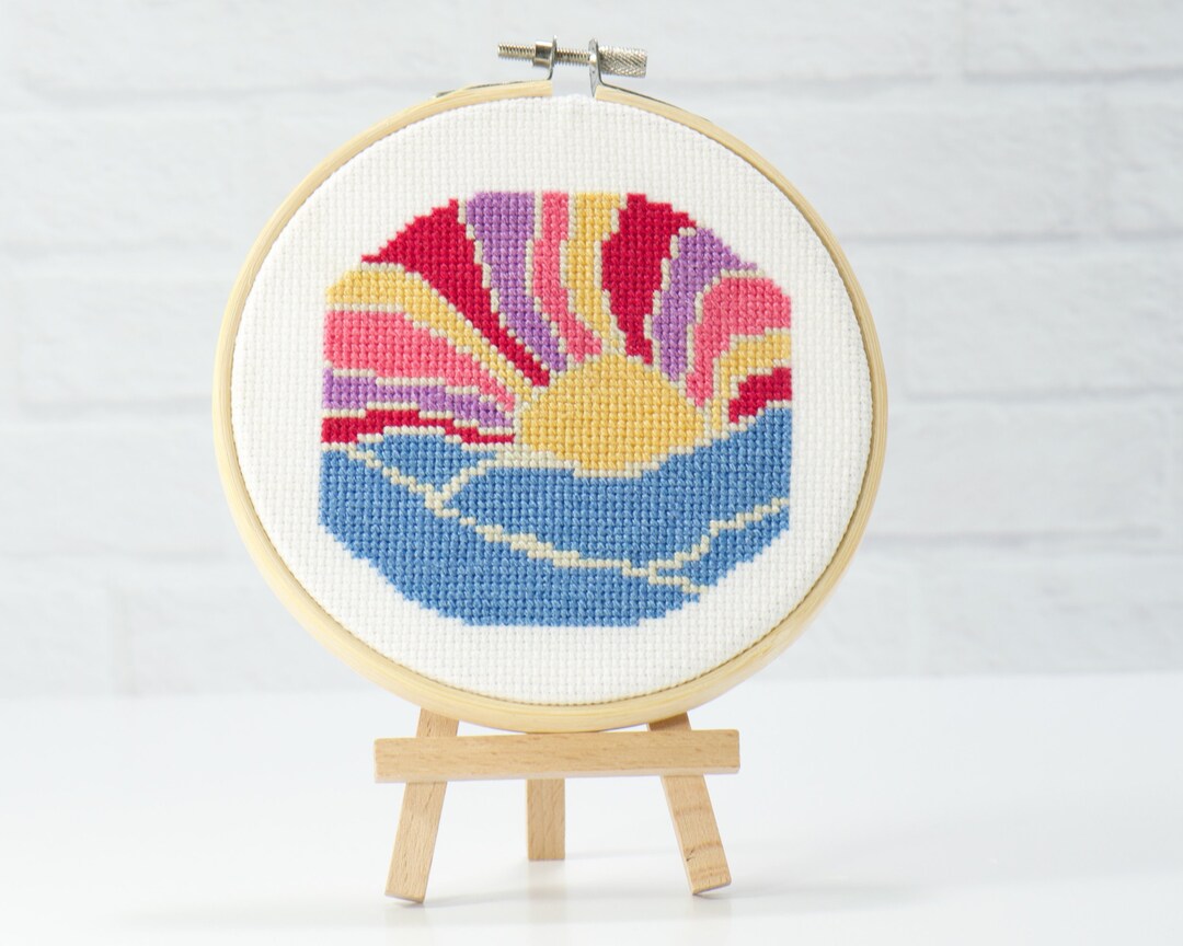 1970s Groovy Sun and Ocean Counted Cross Stitch Pattern. Wavy Sun Rays ...