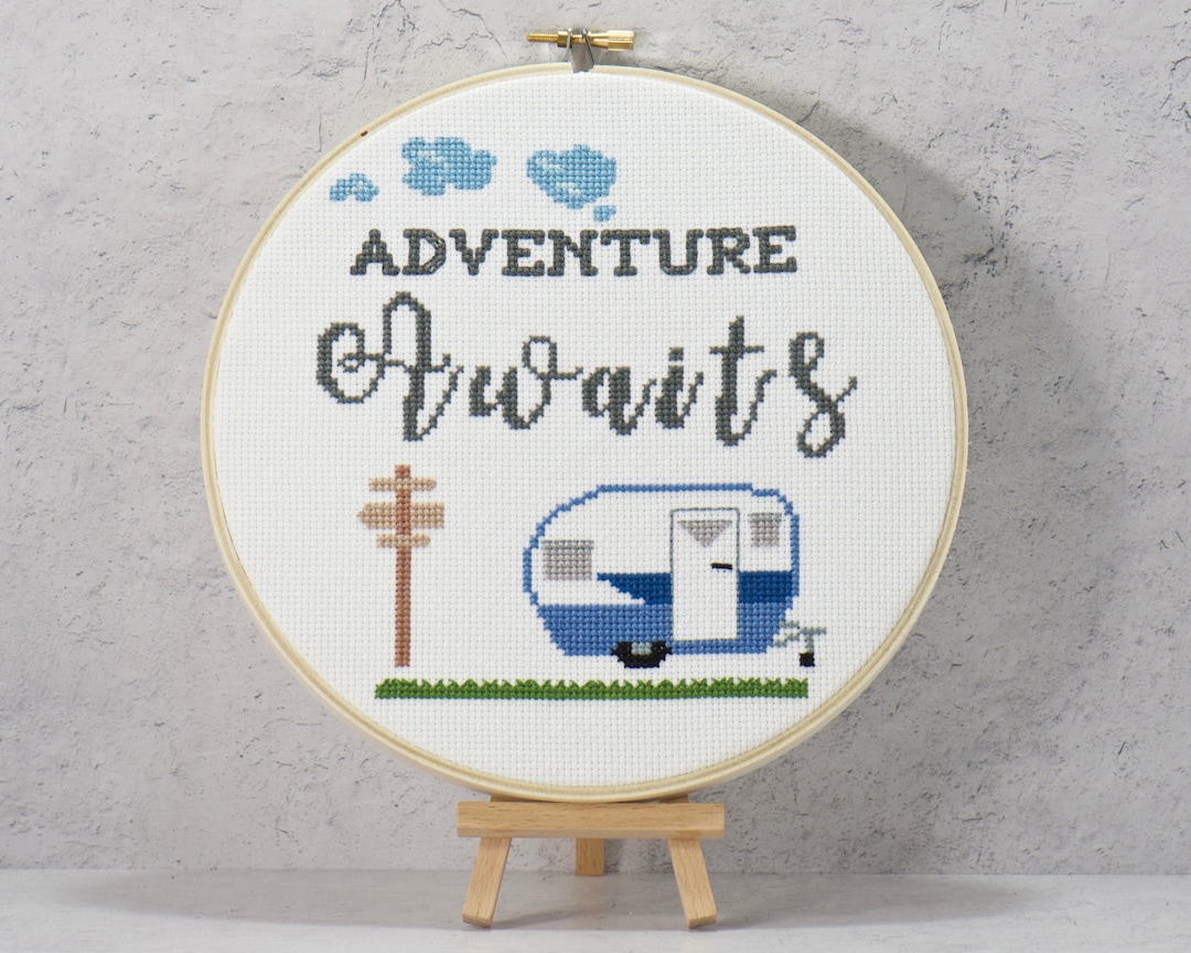 Camper With Adventure Awaits Words Counted Cross Stitch Pattern. Easy ...