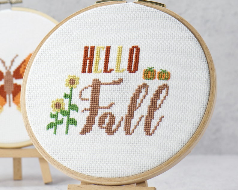 Hello Fall Cross Stitch Pattern - Autumn Season Pumpkins Sunflowers ...
