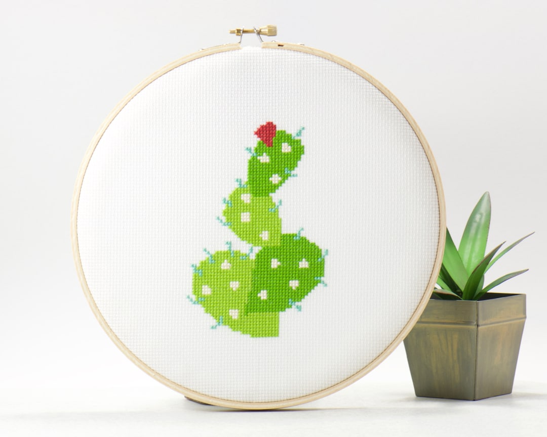 Easy Cactus Counted Cross Stitch Pattern for Beginner Stitcher. Cute & Simple Green Floral ...