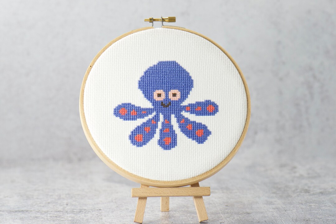 Beginner Counted Cross Stitch Pattern, Cute Blue Octopus Modern Cross ...