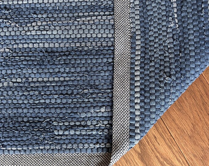 Handwoven Denim Rag Rug, Blue Jeans Entryway Rug, Washable Kitchen ...