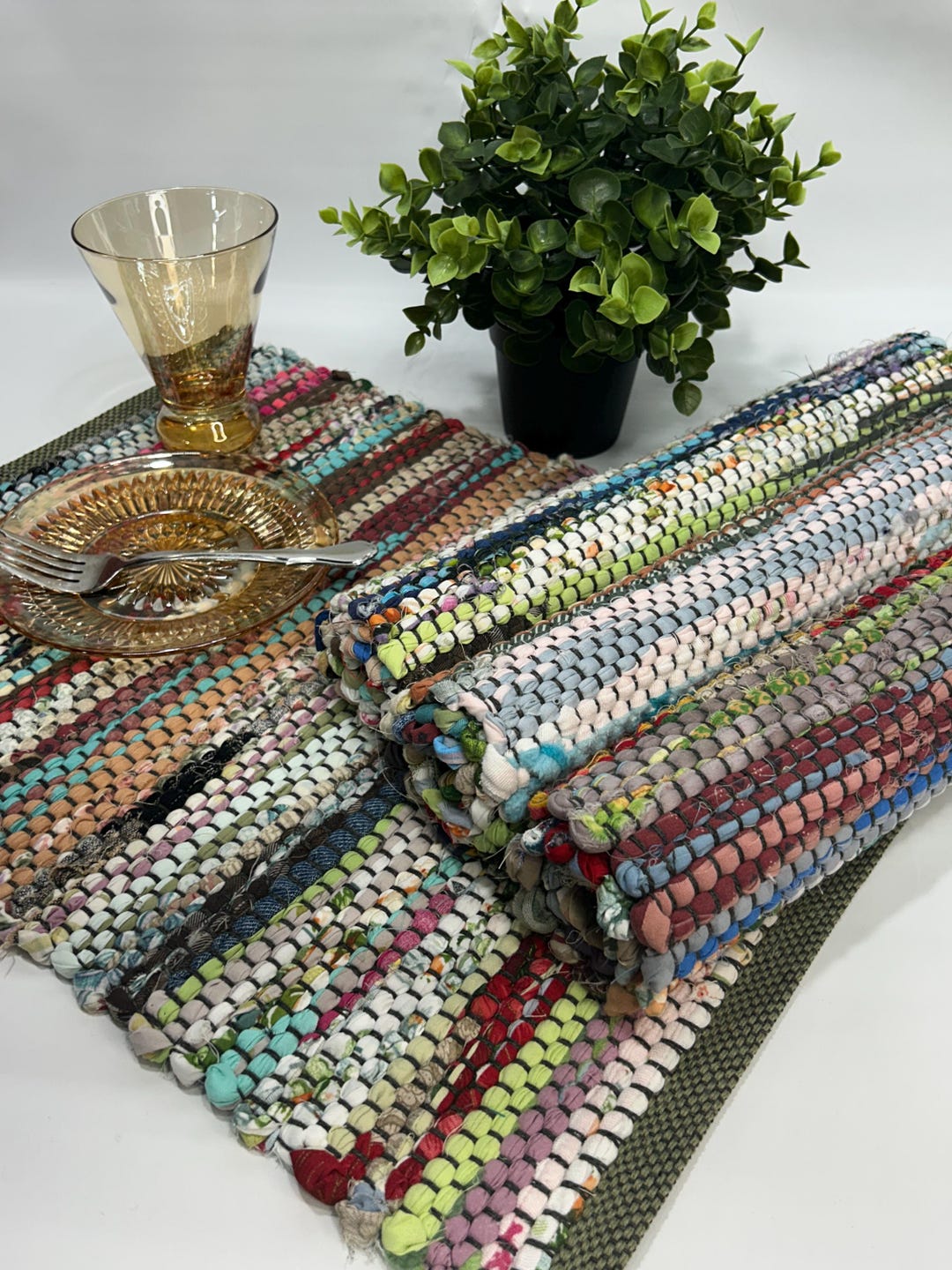 Multi Color Farmhouse Handwoven Rag Rug Placemats Set of 2, Primitive ...