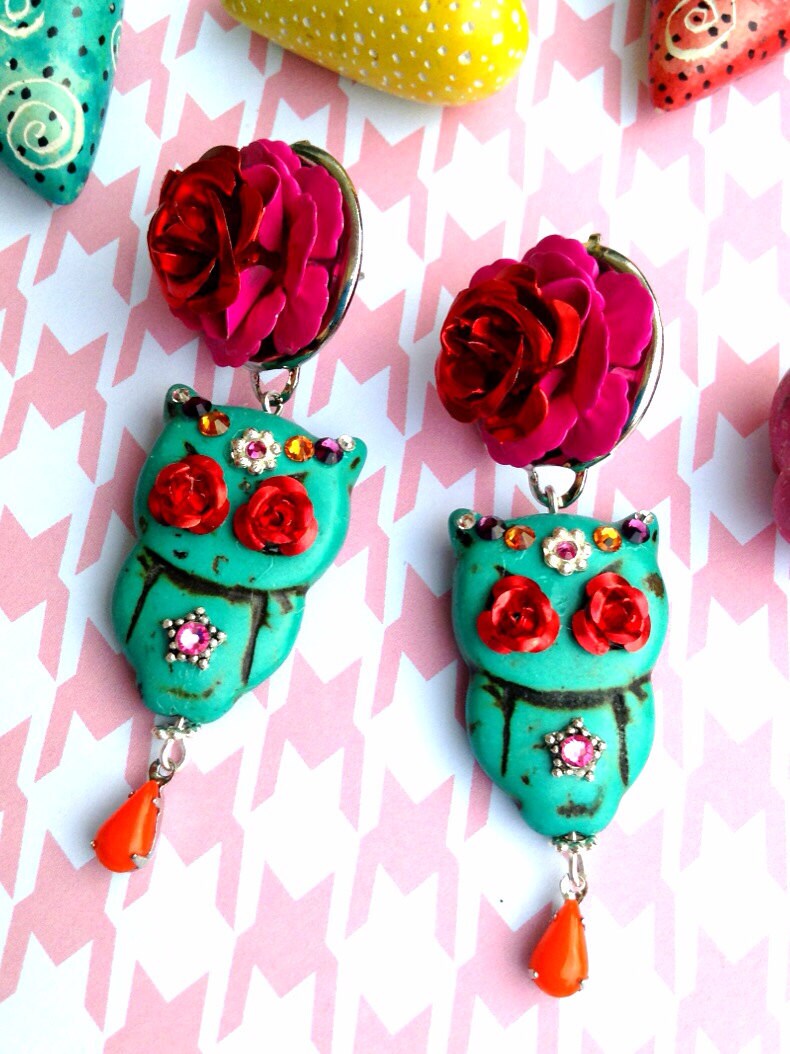 Turquoise Sugar Skull Owl with Metal Roses Turquoise Owls with ...
