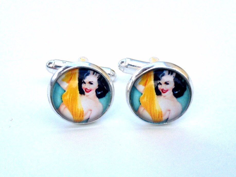 Burlesque Strip Tease Brunette Pin Up Girl Silver Cufflinks