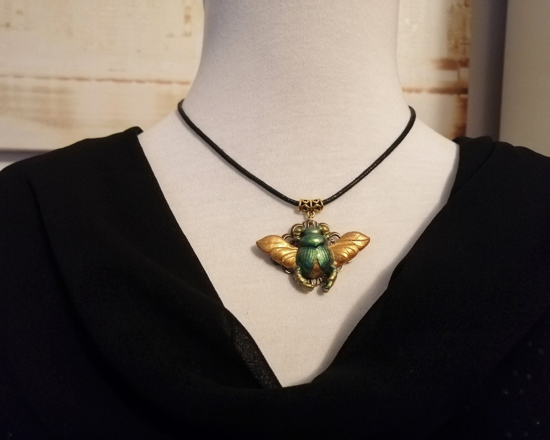 Egyptian Scarab Necklace in Polymer Clay, Art Nouveau Style Necklace ...