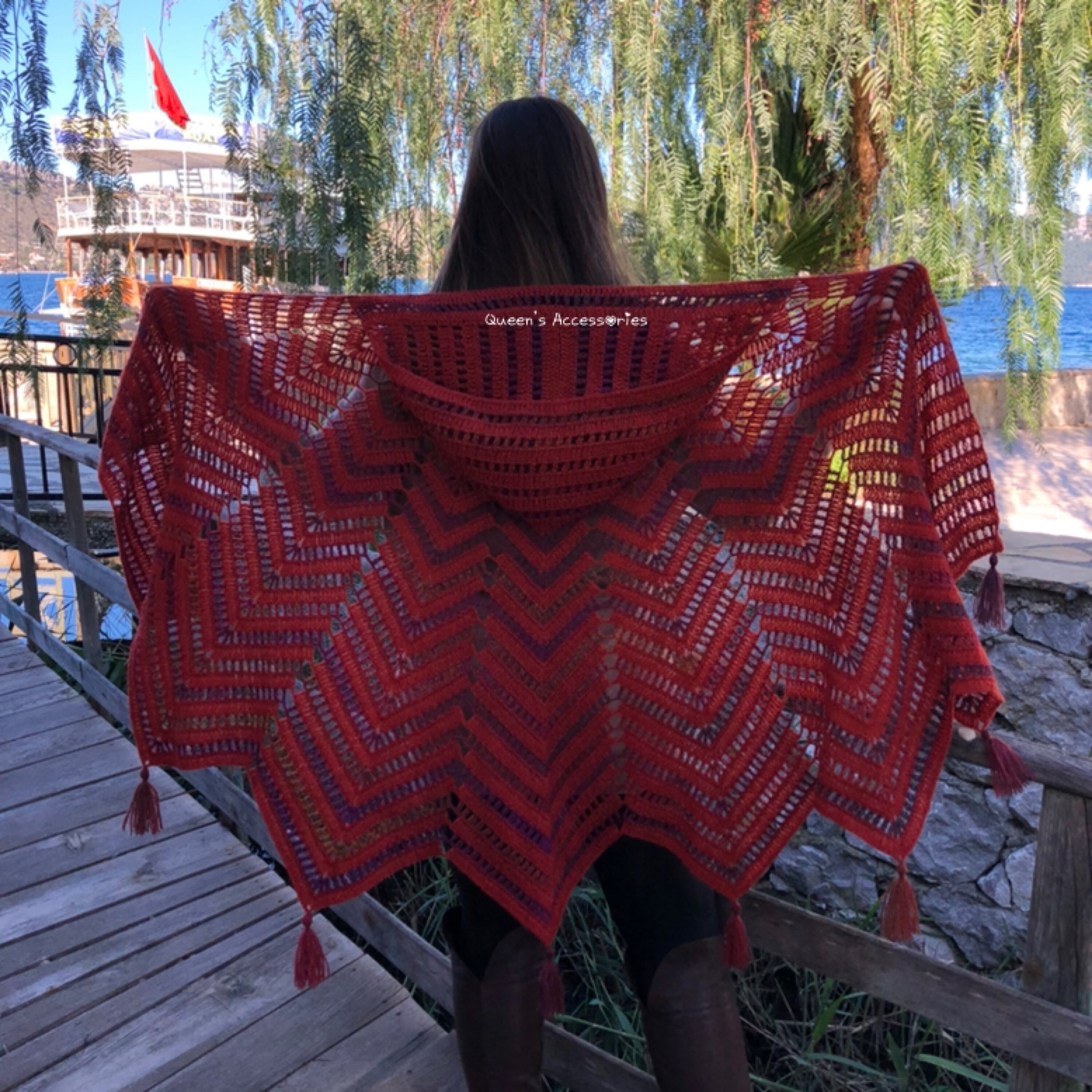 Crochet Little Red Riding Hood, Chevron Terra-cotta Shawl, Hooded Shawl ...