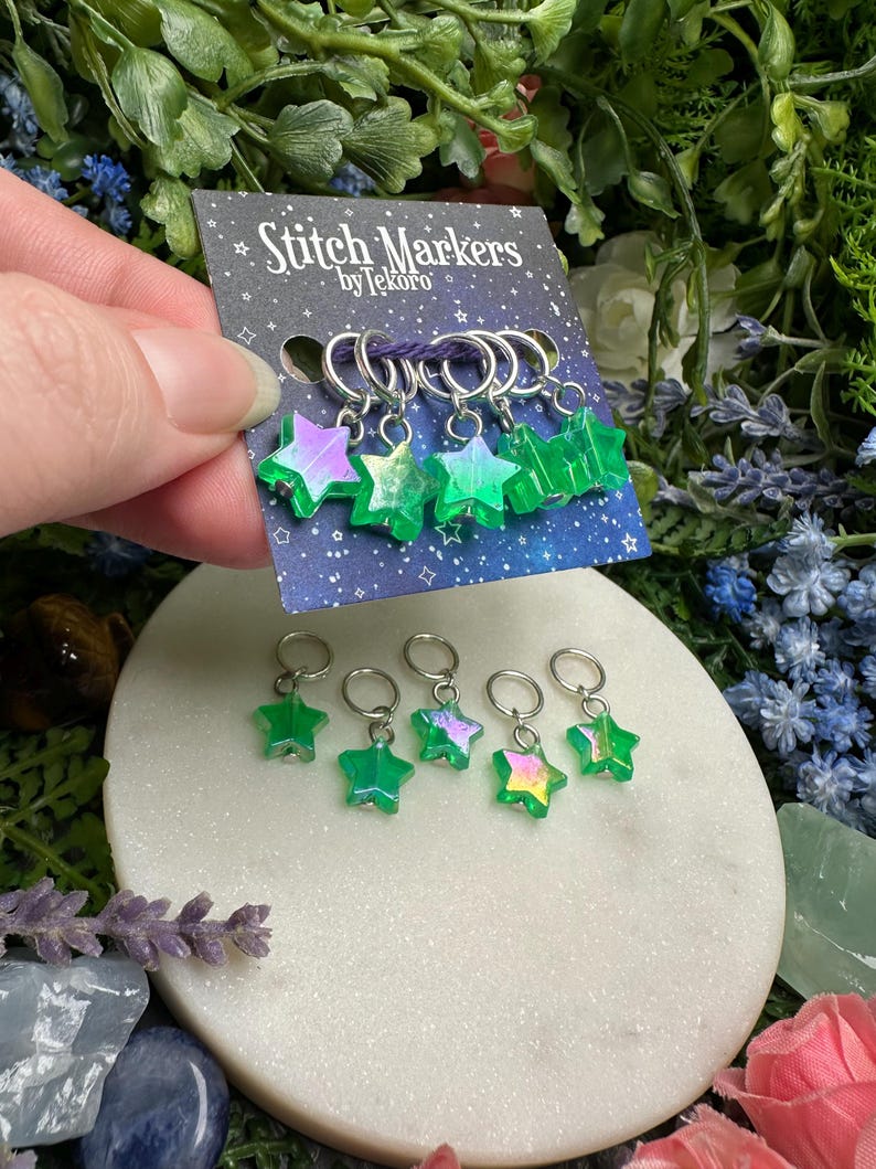 Iridescent Green Stars Stitch Marker/progress Keeper Set - 5 Pcs - Etsy