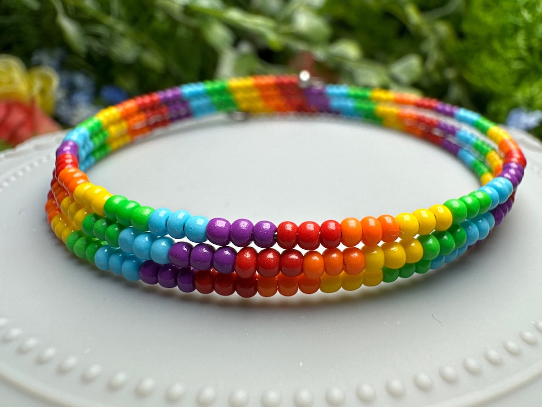 Rainbow Seed Bead Memory Wire Stacking Bracelet - 1 or 3 Loops - Etsy