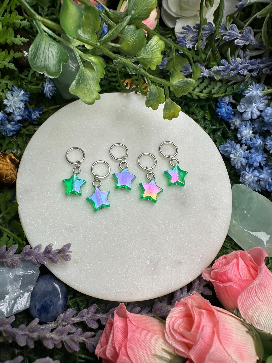 Iridescent Green Stars Stitch Marker/progress Keeper Set - 5 Pcs - Etsy